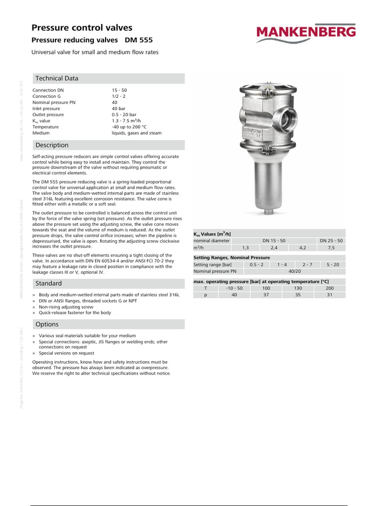 DM 555 Pressure Reducing Valve Details | PDF | Valve | Flow Measurement
