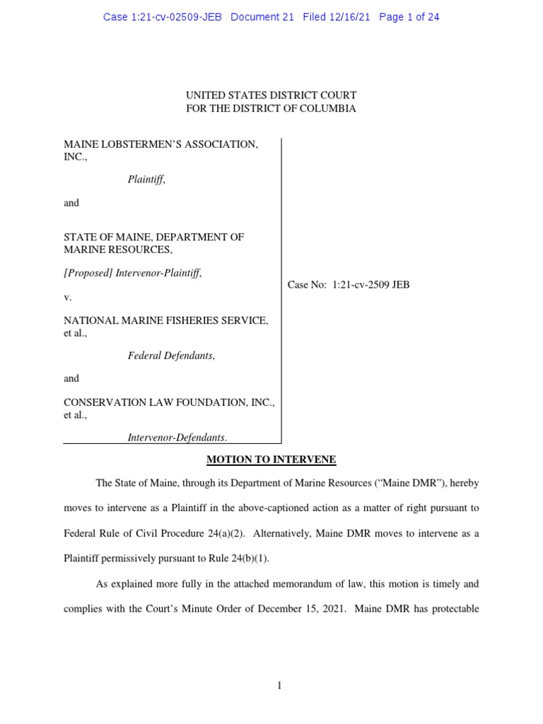State of Maine DMR Motion To Intervene | PDF | Intervention (Law ...