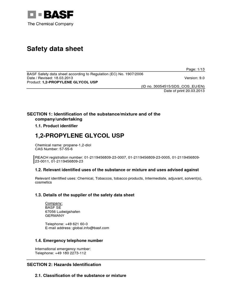 Propylene Glycol USP Safety Data Sheet | PDF | Dangerous Goods | Toxicity