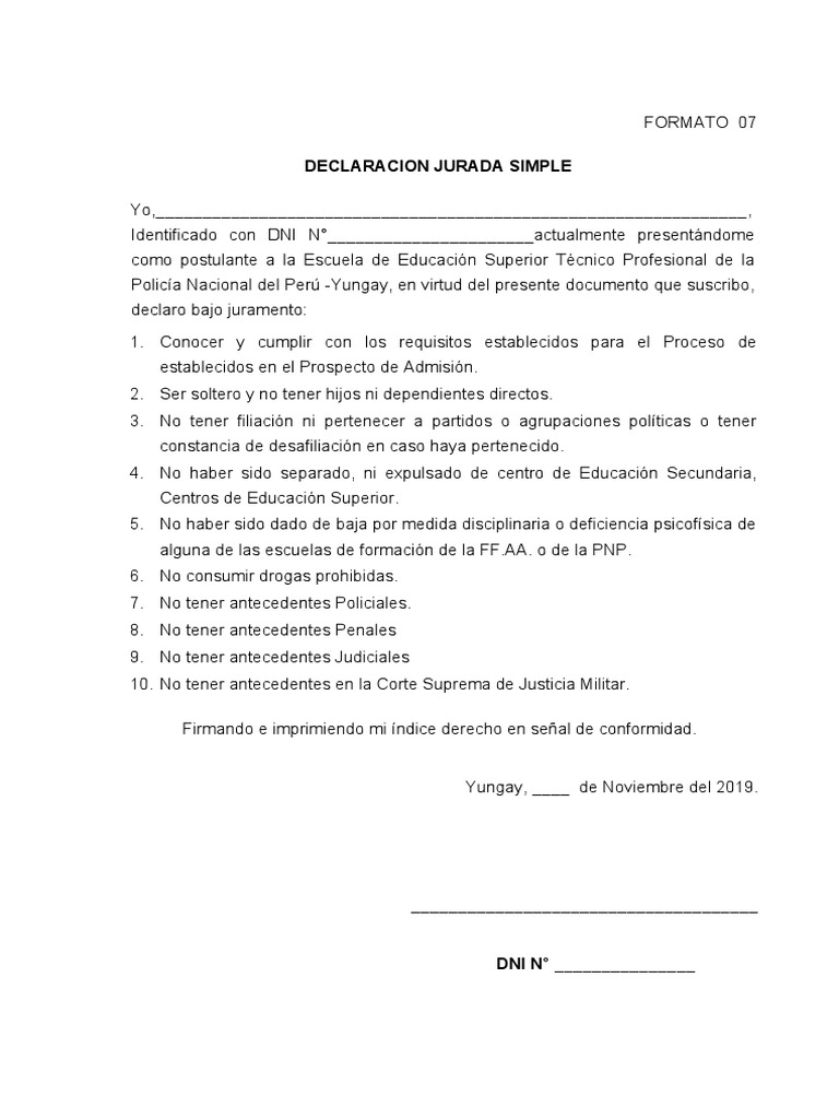 4 Declaracion Jurada Simple (Formato 07) | PDF