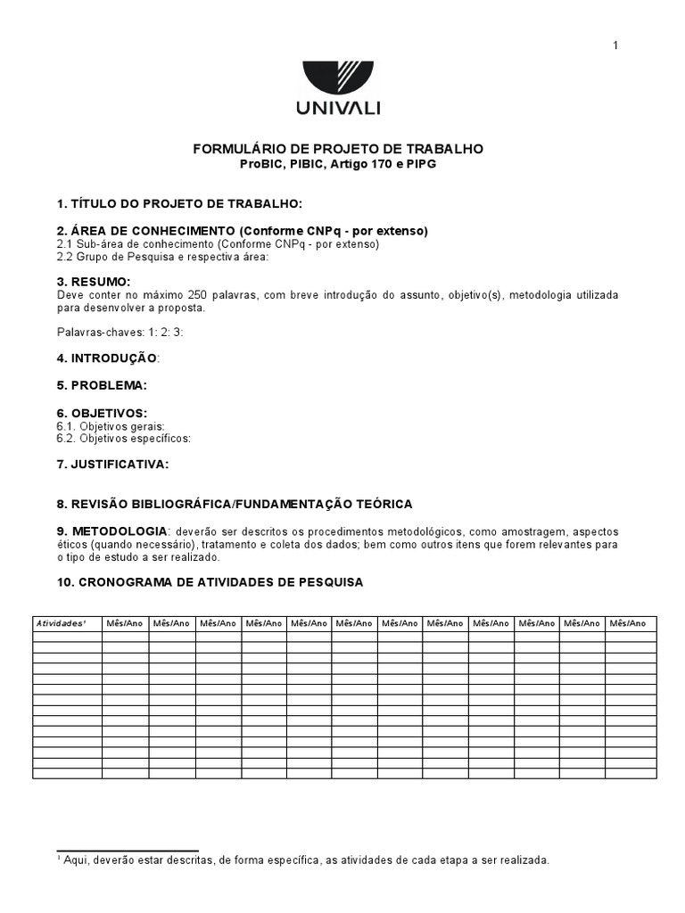 Modelo Projeto de Pesquisa PIBIC PrOBIC PIPG | PDF
