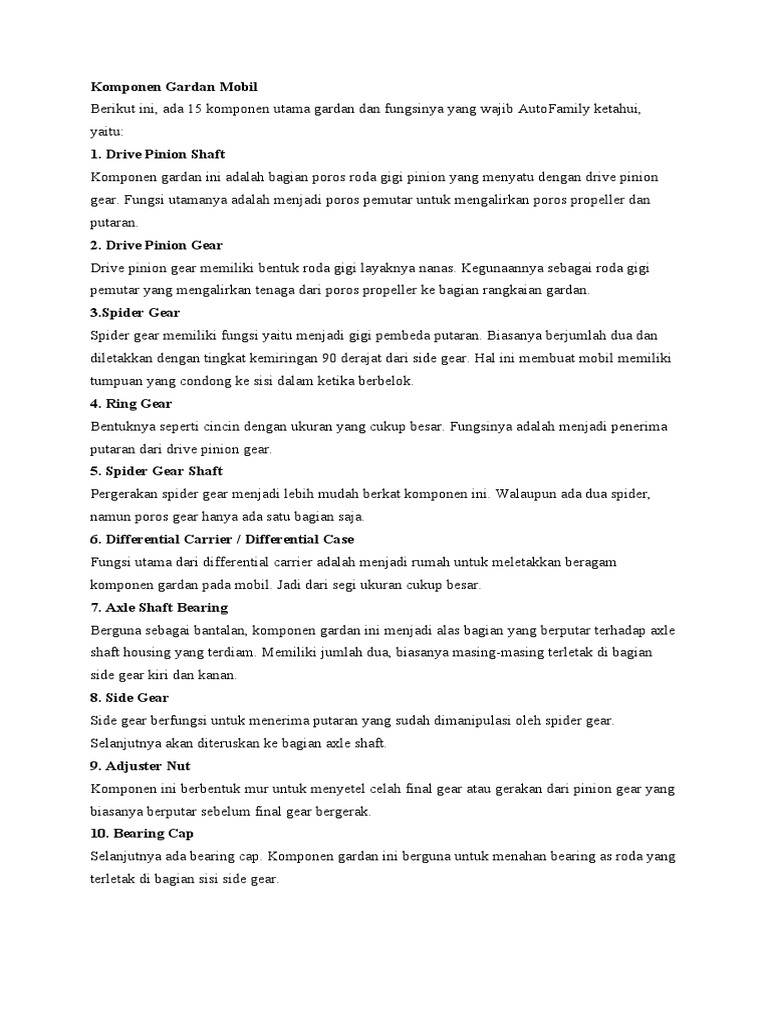 Komponen Gardan Mobil | PDF