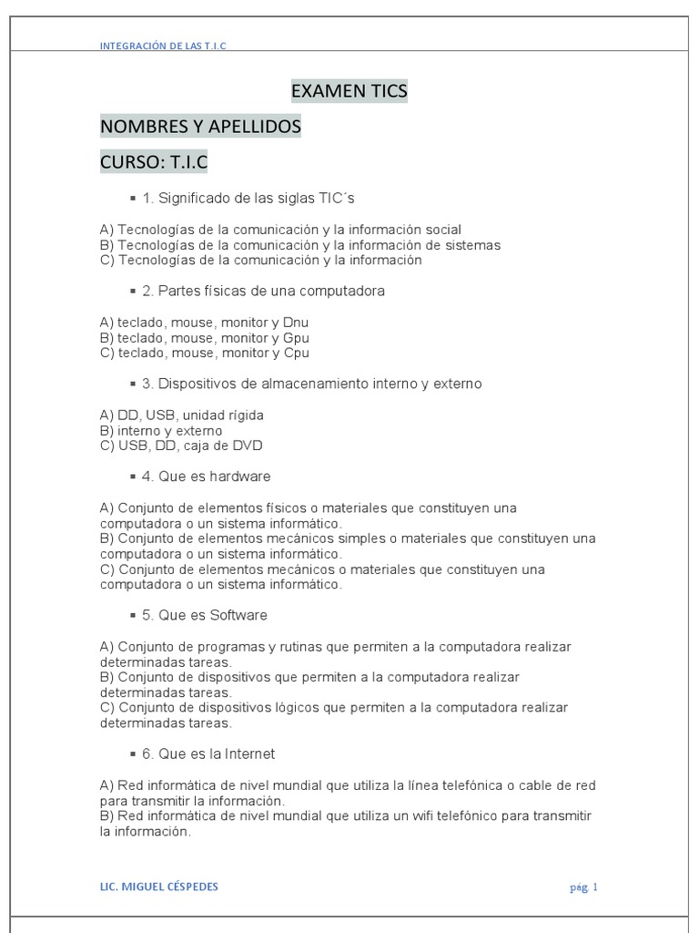 Examen Tics | PDF | Hardware de la computadora | Informática