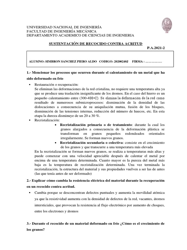 Sustentacion - RECOCIDO CONTRA ACRITUD 2021-2 | PDF | Recocido ...