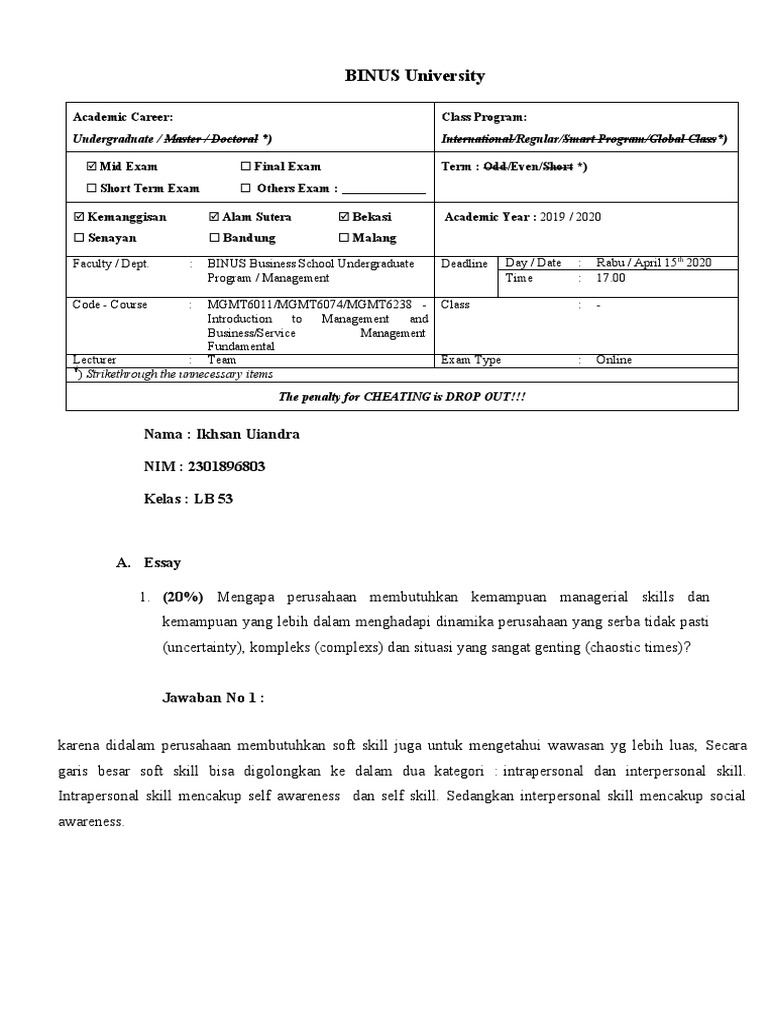 LB53 - 2301896803 - Ikhsan Uiandra - Jawaban UTS Introduction To Management and Business | PDF ...