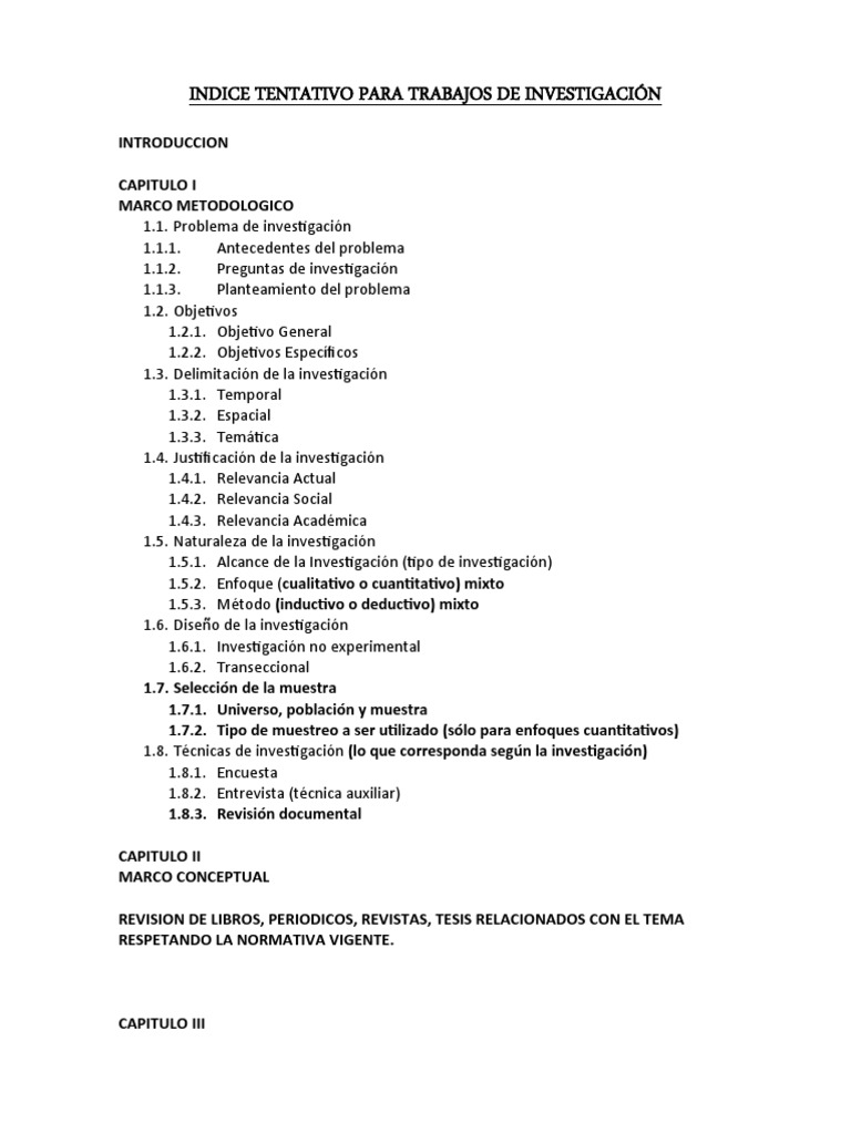 INDICE TENTATIVO para Trabajos de Investigacion Cientifica | PDF
