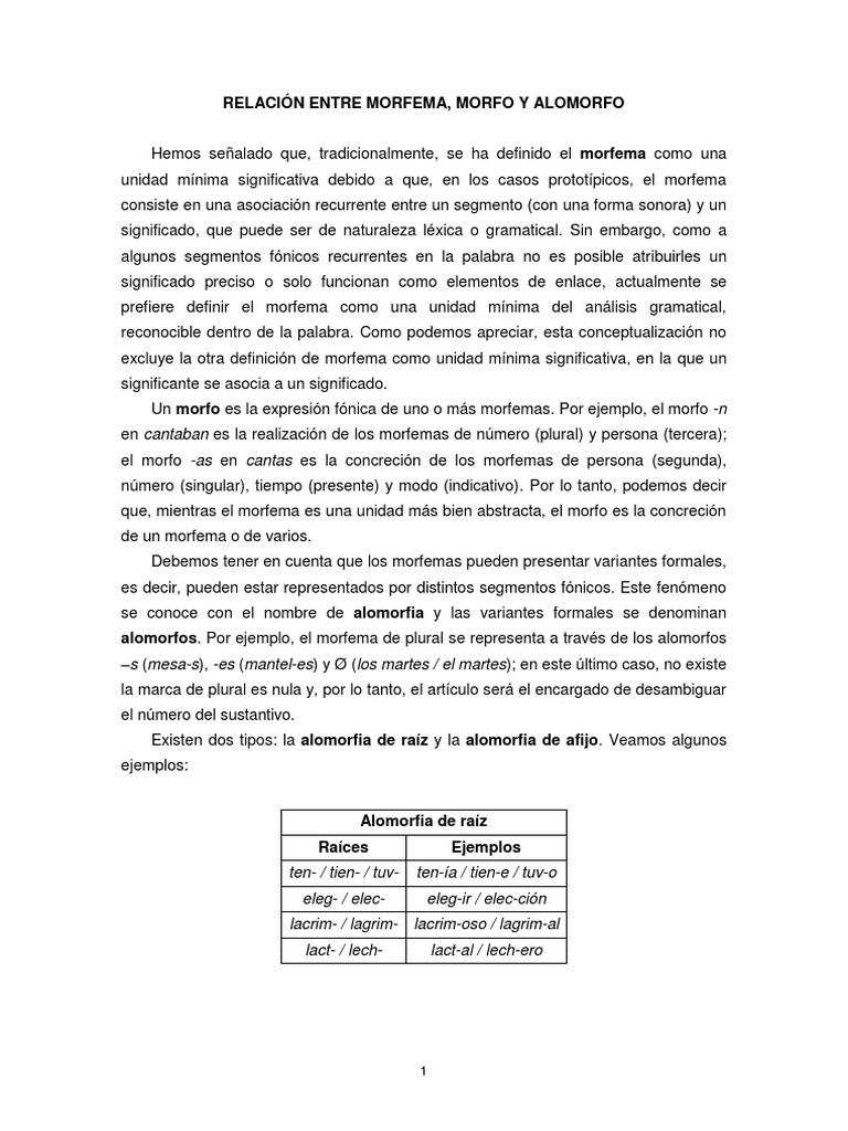 La relación entre morfema, morfo y alomorfo y sus características ...