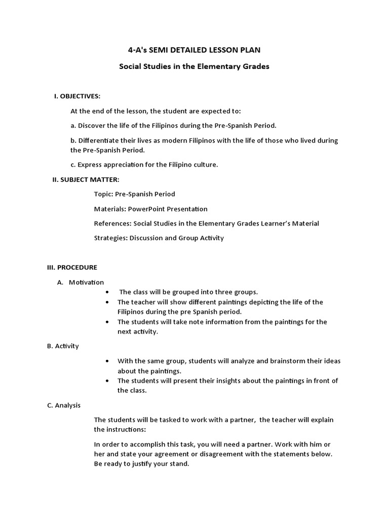 4-A'S Semi Detailed Lesson Plan Social Studies in The Elementary Grades ...