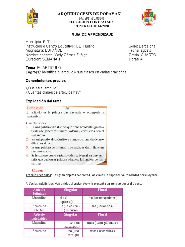 Guía de Aprendizaje: Artículo, Hiato, Diptongo | PDF | Fonética ...