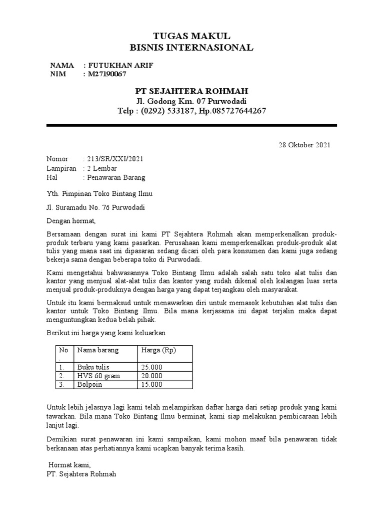 Contoh Surat Penawaran Barang | PDF