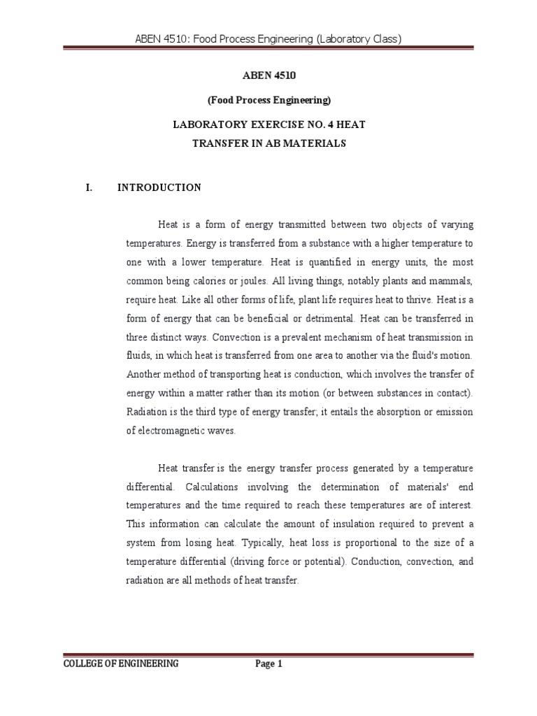 ABEN 4510 (Food Process Engineering) Laboratory Exercise No. 4 Heat ...