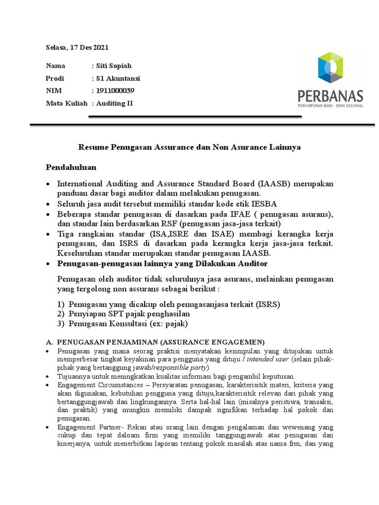 Siti Sopiah 1911000039 - Tugas Auditing II - Resume Penugasan Assurance Dan Non Assurance ...
