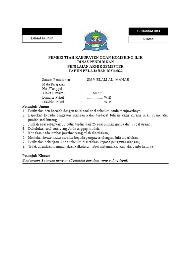 Kop Soal Pas SMP | PDF