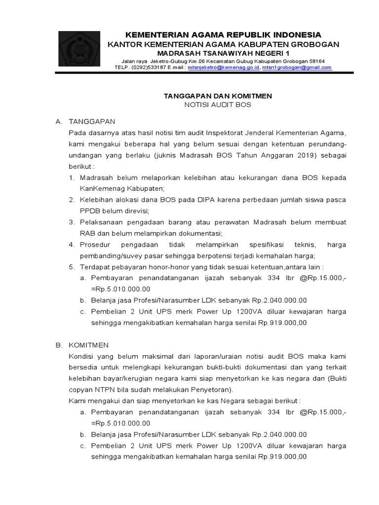 Tanggapan Notisi Audit BOS Madrasah | PDF | Pengelolaan Keuangan & Uang