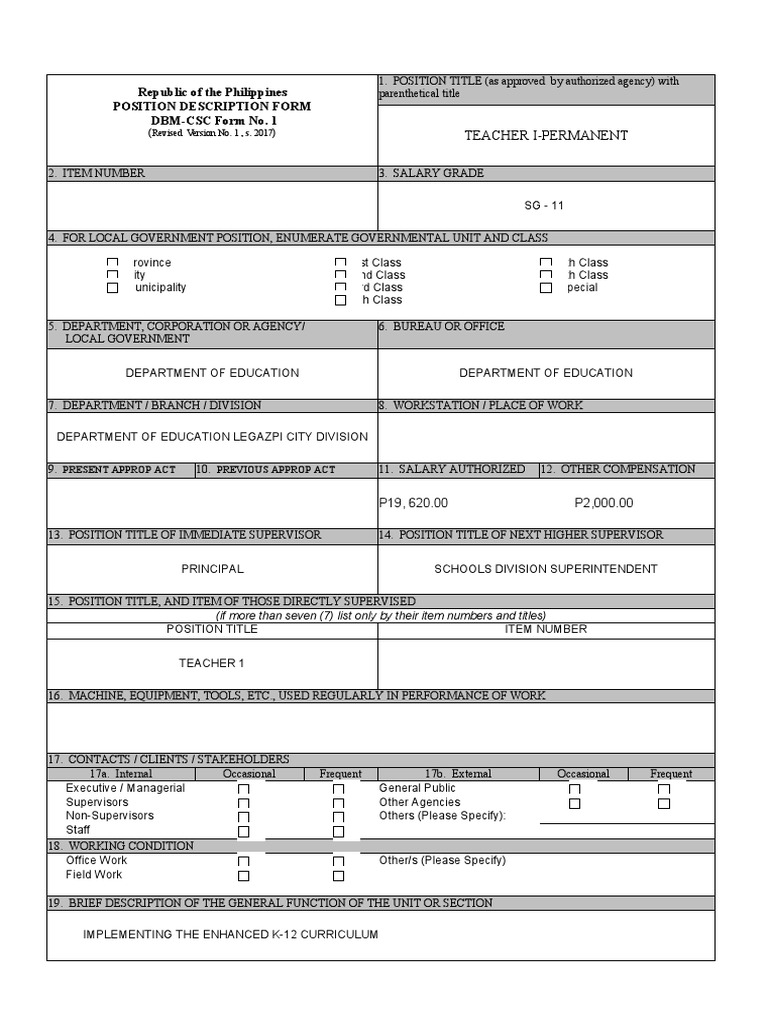 DBM-CSC Form No. 1 Position Description Forms | PDF | Lesson Plan ...