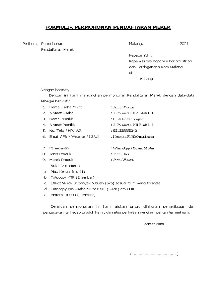 FORMULIR PENDAFTARAN MEREK 2021 After Edit | PDF