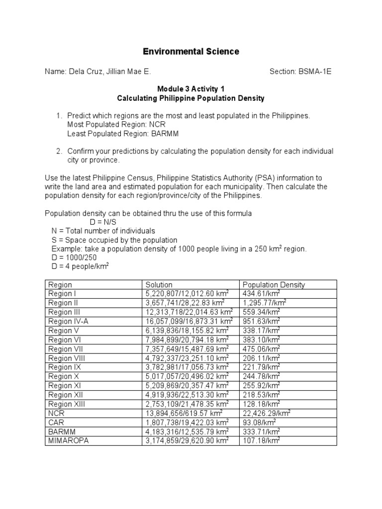 Environmental Science: Module 3 Activity 1 Calculating Philippine ...