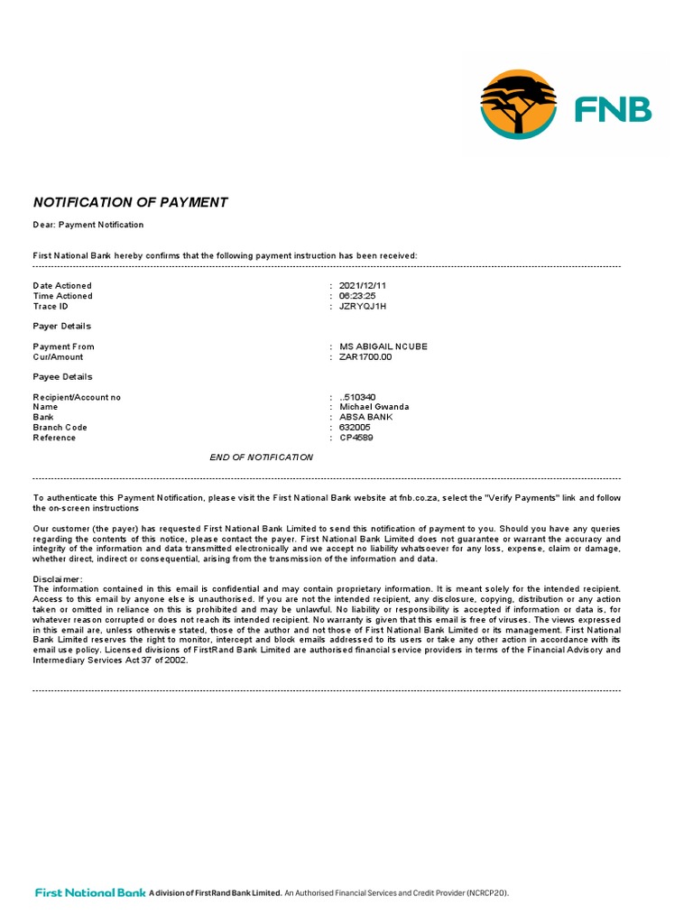 Confirmation of Payment from Ms. Abigail Ncube to Michael Gwanda | PDF ...