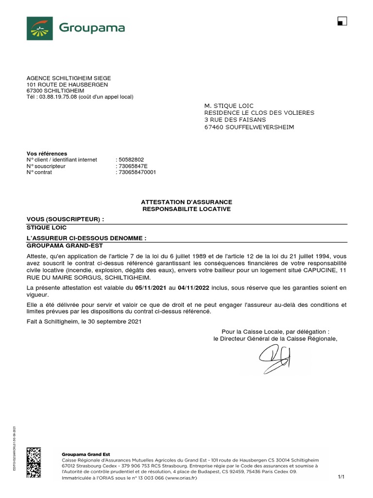 Attestation d'Assurance Locative Groupama | PDF | Assurance | Services ...