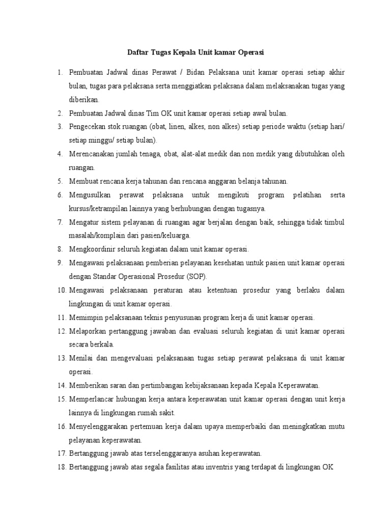 Daftar Tugas Kepala Unit Kamar Operasi | PDF