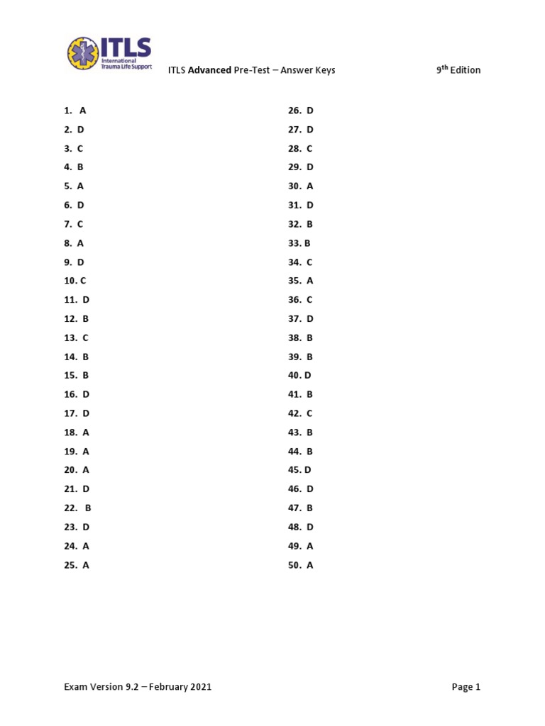 ITLS 9e Advanced Pre-Test - Version 9.2 - Answer Keys | PDF | Shock ...