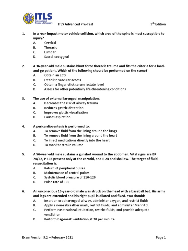 ITLS 9e Advanced Pre-Test - Version 9.2 | PDF | Shock (Circulatory ...