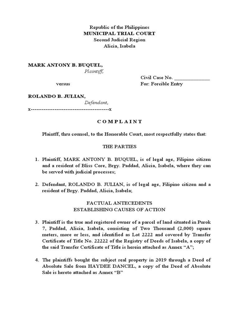 Municipal Trial Court: Plaintiff | PDF | Lawsuit | Complaint