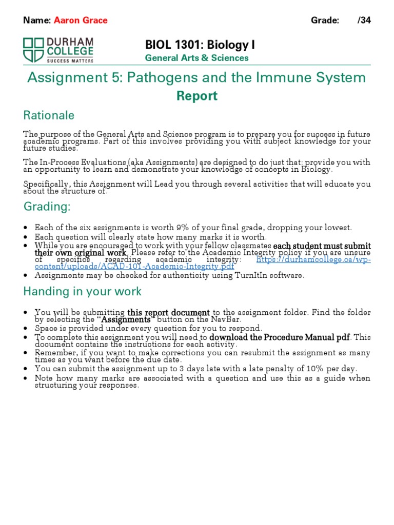 Biology - Assignment 5 - Pathogens and The Immune System - Report | PDF ...