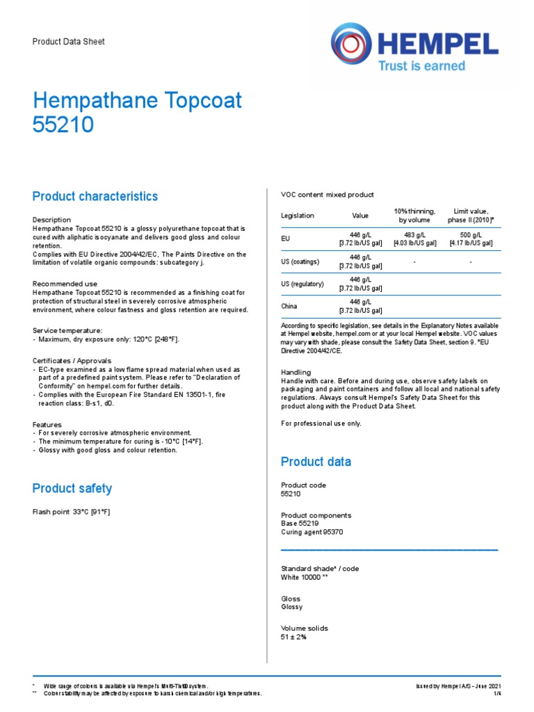Hempathane Topcoat 55210: Product Characteristics | PDF | Humidity | Paint
