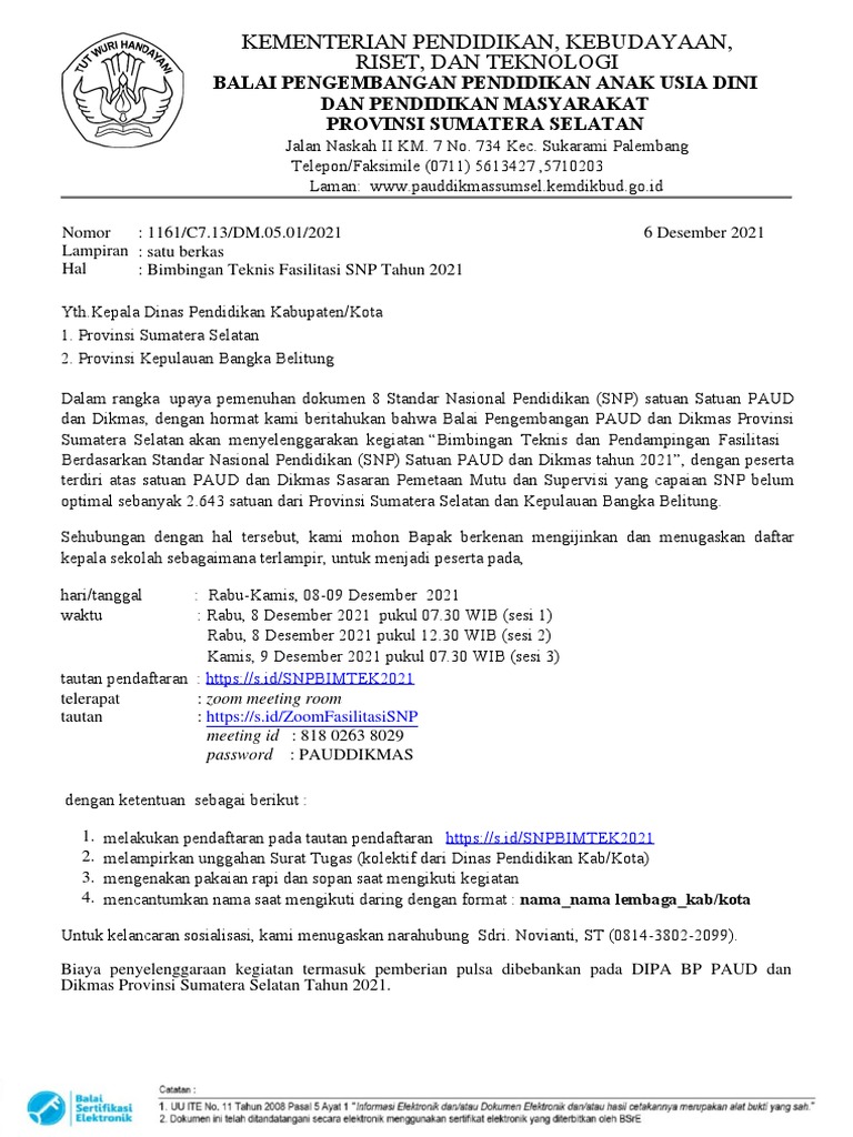 Surat Undangan Bimtek SNP | PDF