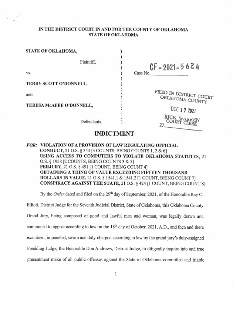 Oklahoma County Grand Jury Indictment CF-2021-5624 Terry O'Donnell and Teresa O'Donnell | PDF