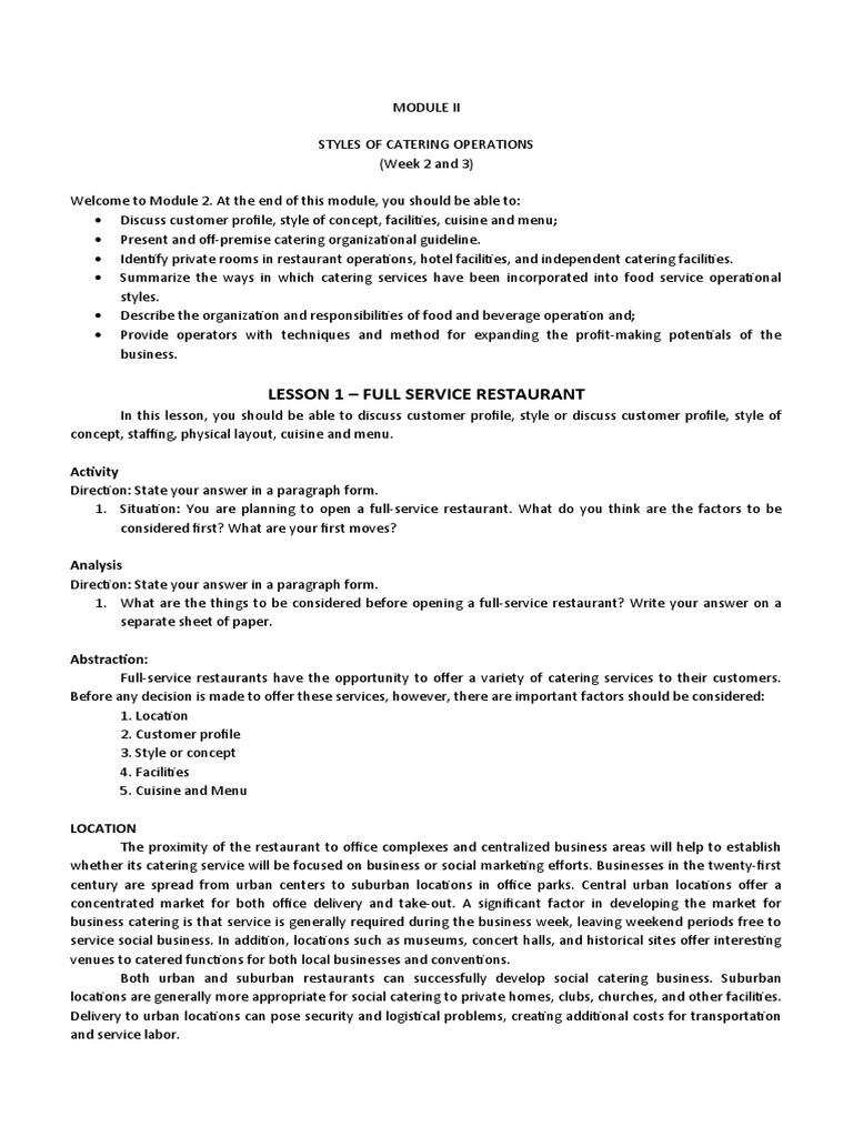 Module 2 Styles of Catering Operations | PDF | Restaurants | Hazard ...