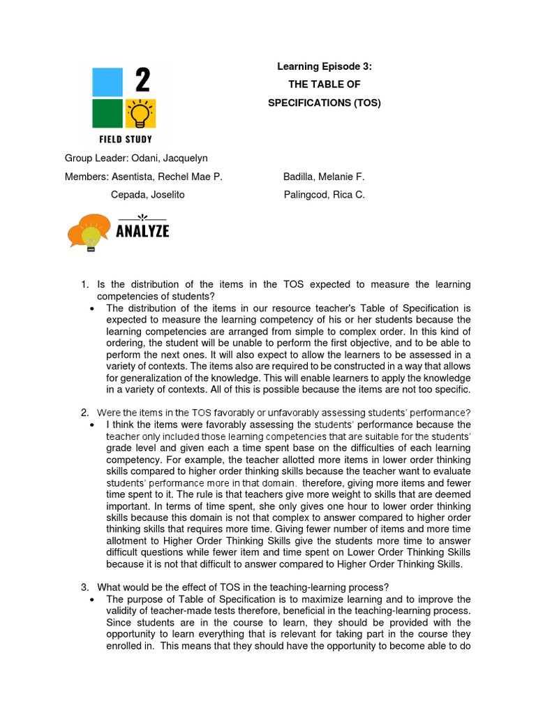 Learning Episode 3: THE TABLE OF SPECIFICATIONS (TOS) | PDF | Teachers ...