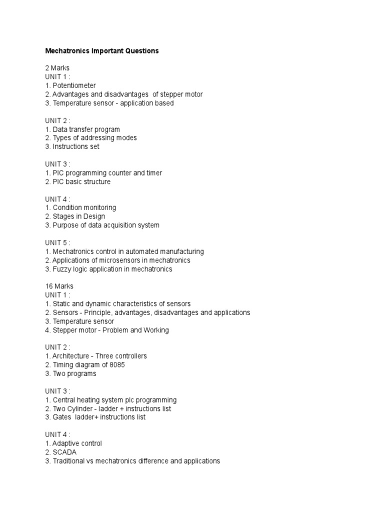 Mechatronics Important Questions | PDF