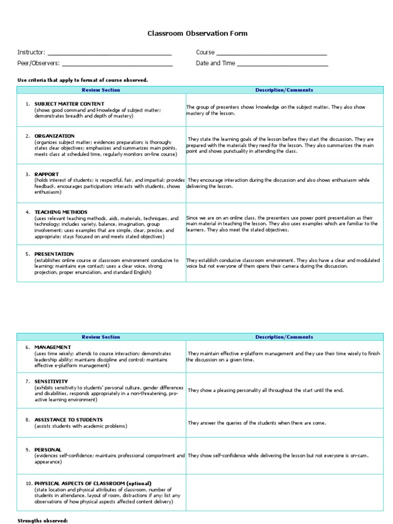 Classroom Observation Form | PDF | Educational Technology | Teaching Method