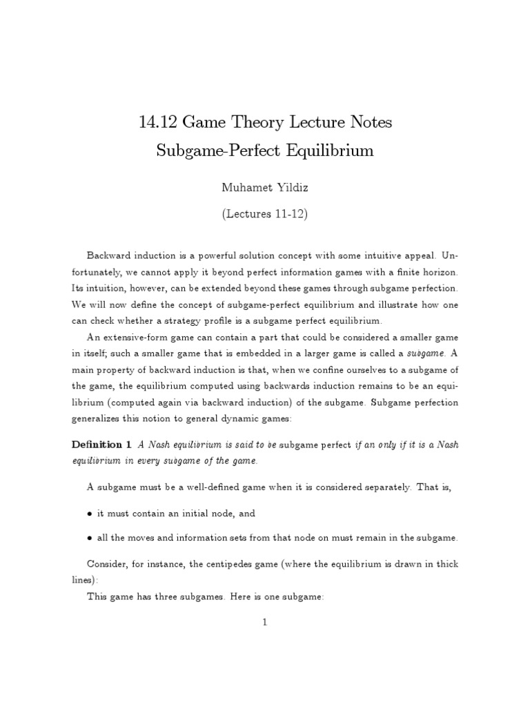 Yıldız Game Theory Lecture Notes Subgame Perfect Equilibrium Pdf Mathematical Economics