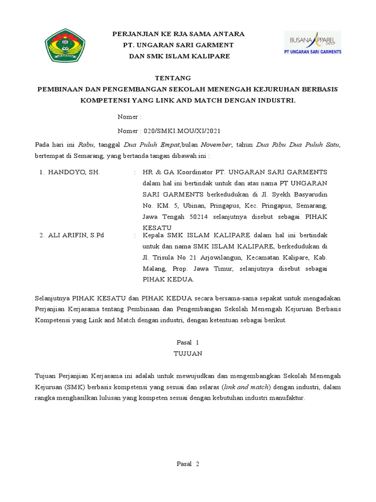 Kerjasama PT Ungaran Sari Garment dan SMK | PDF