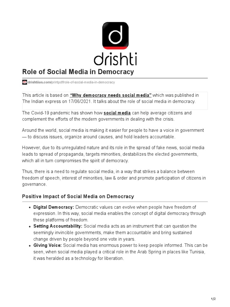 Role of Social Media in Democracy | PDF | Popular Culture & Media ...