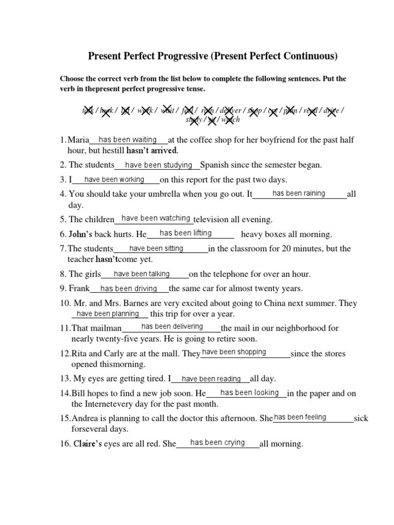 Present Perfect Progressive Exercises | PDF | Language Arts & Discipline