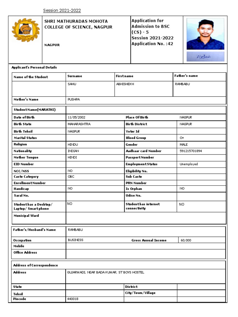 Application For Admission To BSC (CS) - 5 Session 2021-2022 Application ...