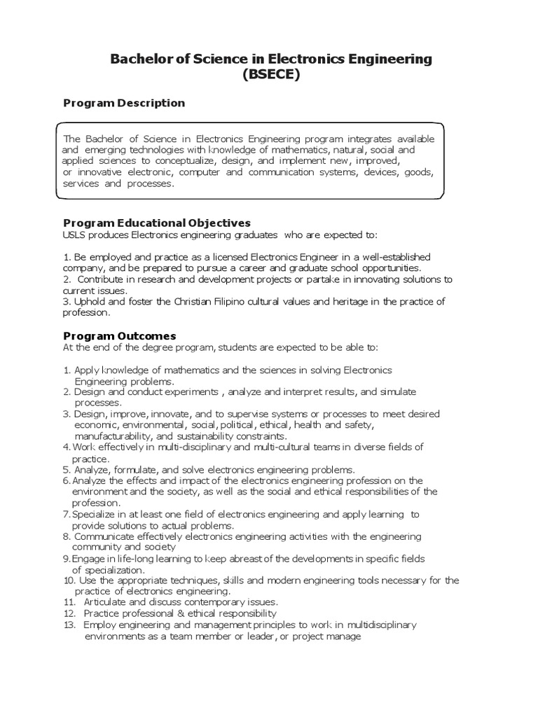 Bachelor of Science in Electronics Engineering (Bsece) : Program ...
