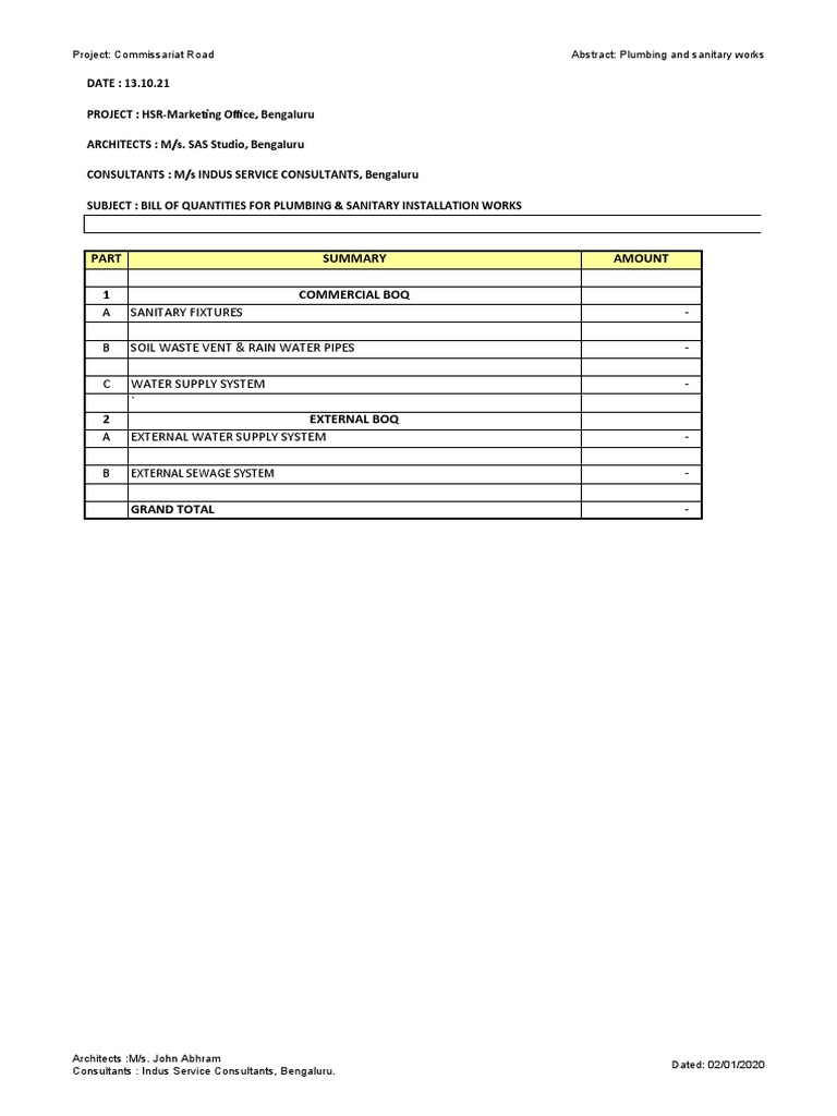 Bill of quantities for plumbing and sanitary works at HSR Marketing ...