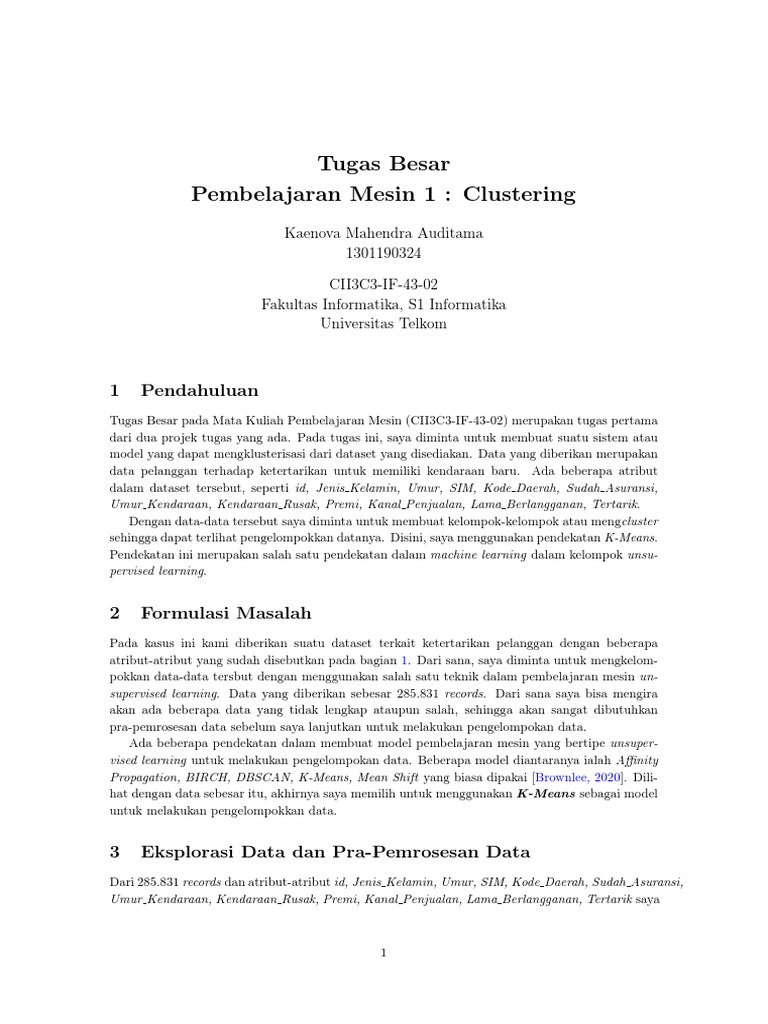 Tugas Besar Pembelajaran Mesin 1 - Clustering | PDF