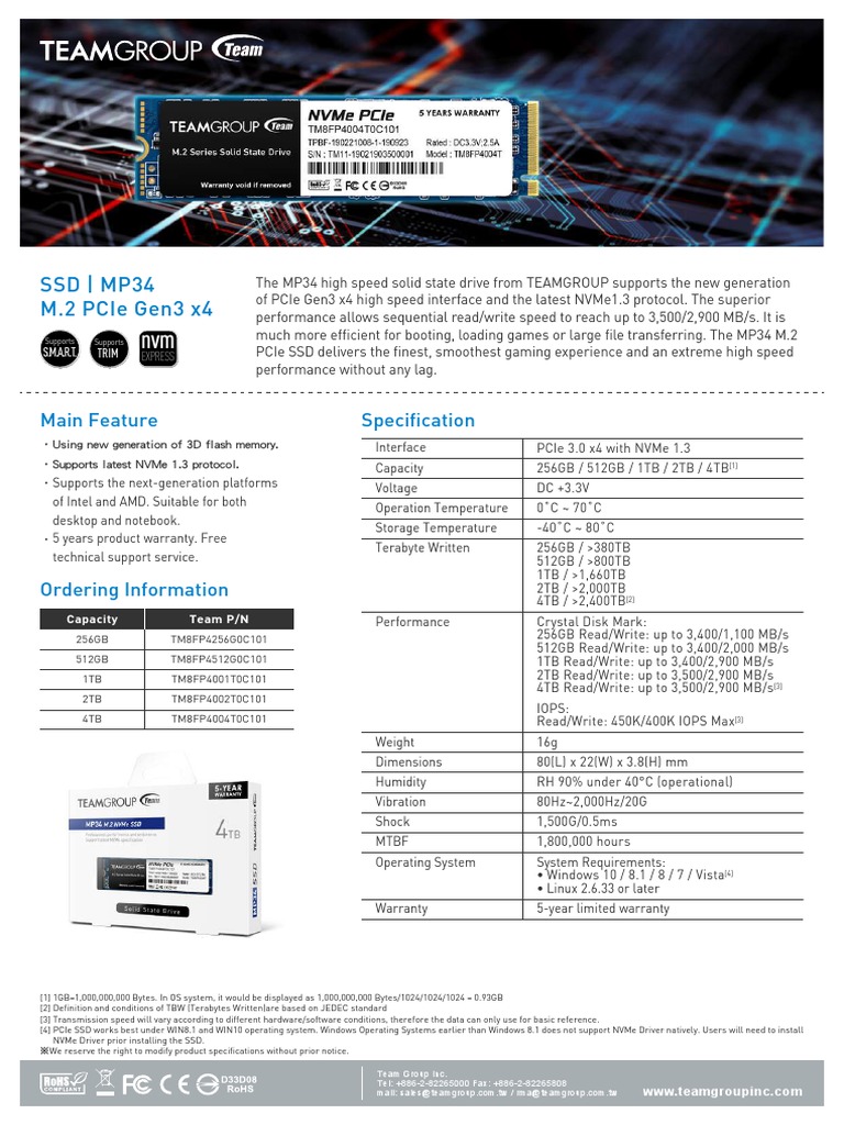 MP34 M.2 PCIe SSD - TEAMGROUP - en | PDF | Solid State Drive | Computing