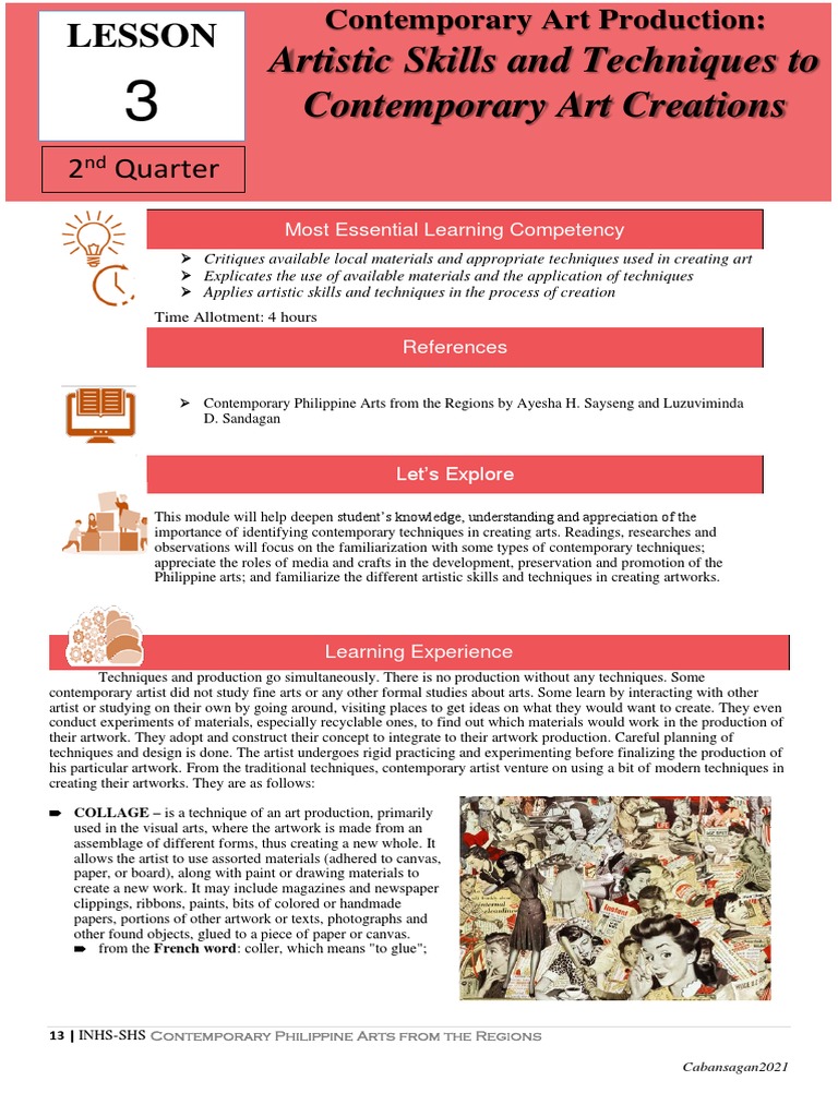 CPAR Module 3 Week 11 Lesson 3 Contemporary Art Production Artistic Skills and Techniques To ...