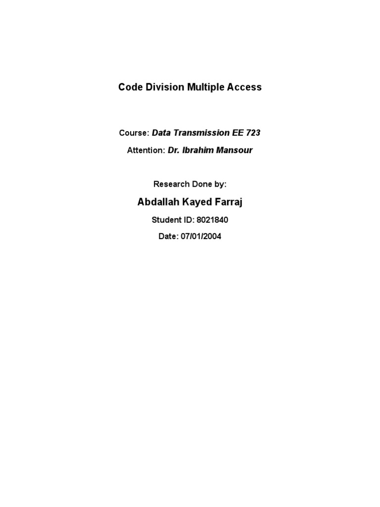 Code Division Multiple Access: Data Transmission EE 723 Dr. Ibrahim Mansour | PDF | Channel ...