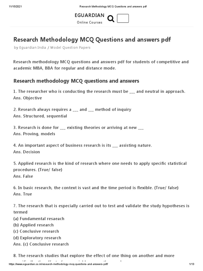 Research Methodology MCQ Questions and Answers | PDF | Multiple Choice ...