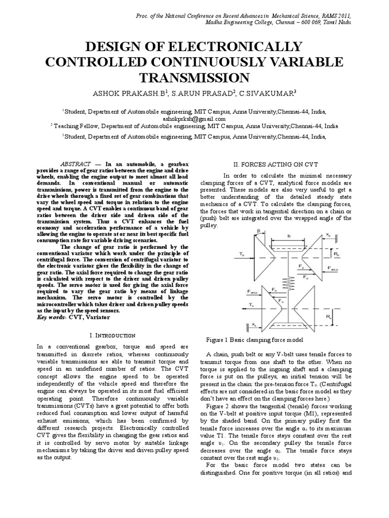 Design of Electronically Controlled Continuously Variable Transmission ...