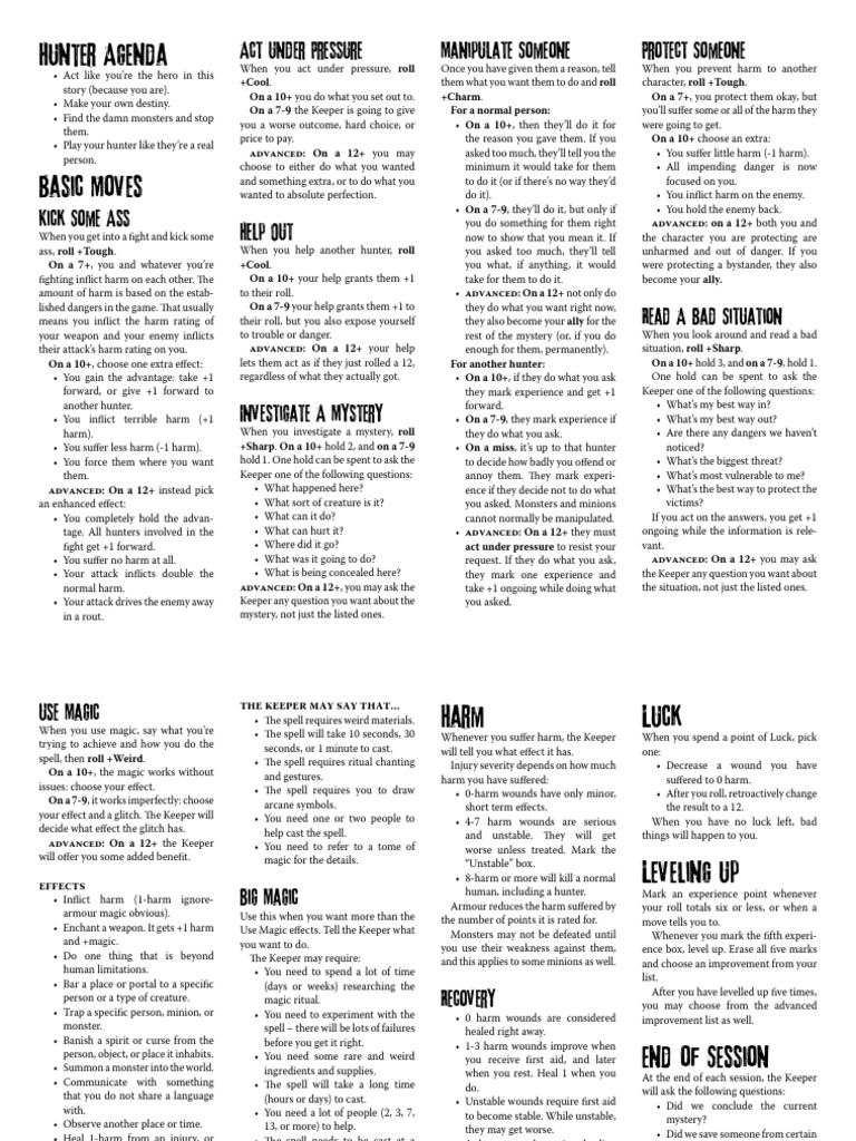 Monster of The Week Revised Hunter Reference Sheets | PDF