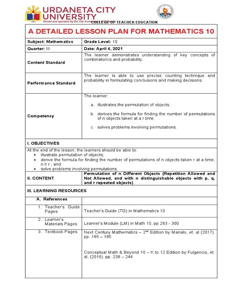 Math 10 Lesson Plan: Permutations | PDF | Permutation | Learning